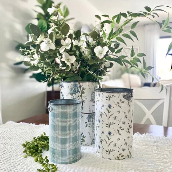 Accents | Set3 Blue White Metal Flower Buckets | Poshmark